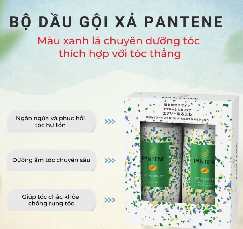 Bộ dầu gội xả Pantene Airy Soft Care Nhật Bản màu xanh lá